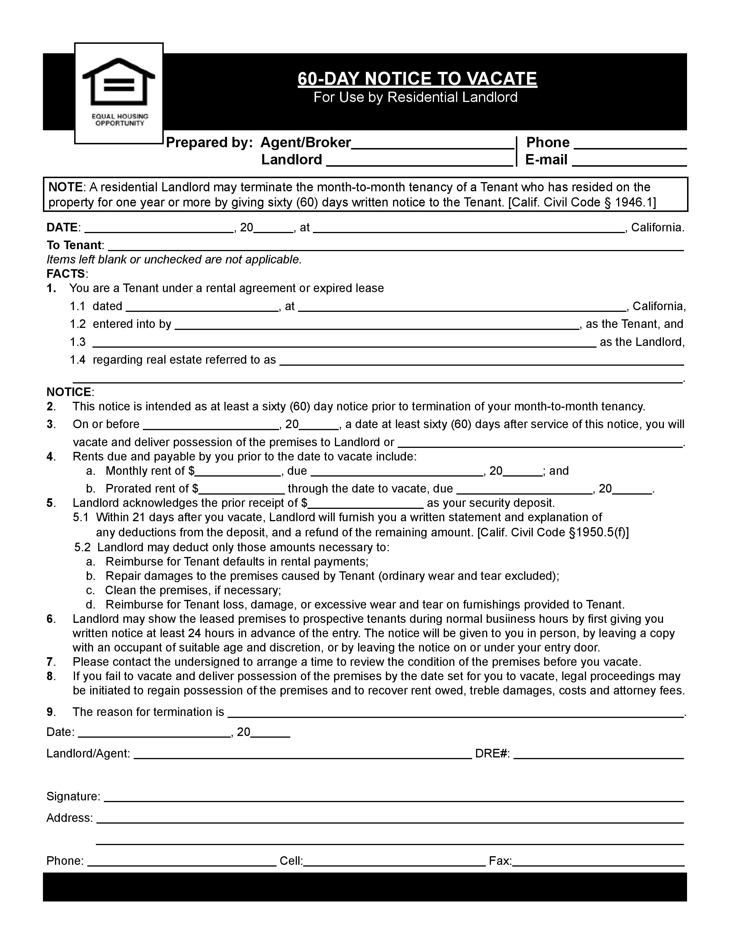 Free California 60 Day Notice To Vacate PDF Template 
